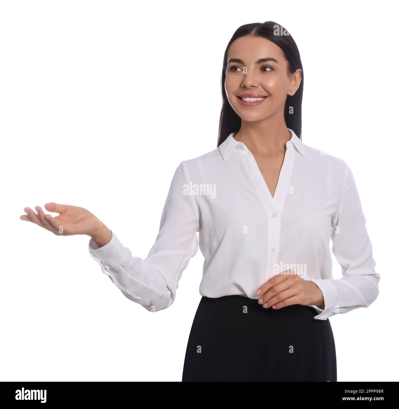 Portrait of hostess in uniform on white background Stock Photo - Alamy