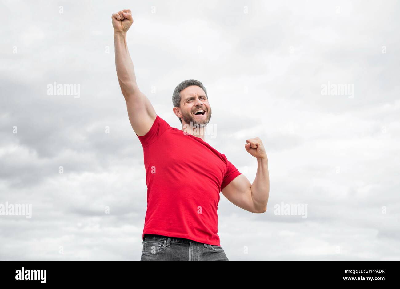 happy man in red shirt outdoor on sky background. happiness Stock Photo ...