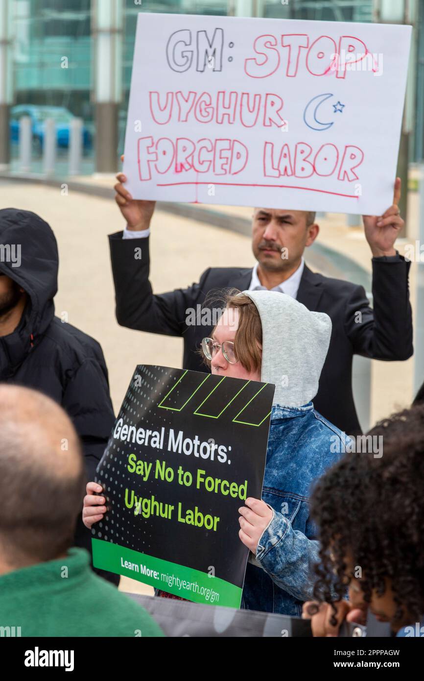 Detroit, Michigan - People gather outside General Motors' headquarters ...