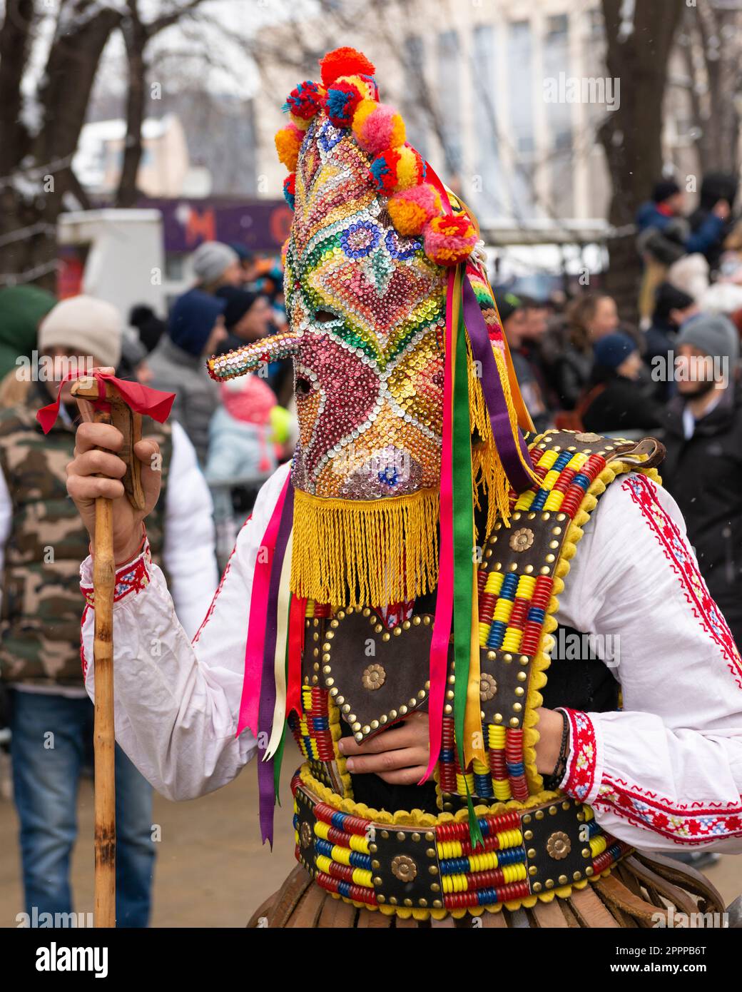 Masked dancer with colorful mask from Central Bulgaria region at the ...