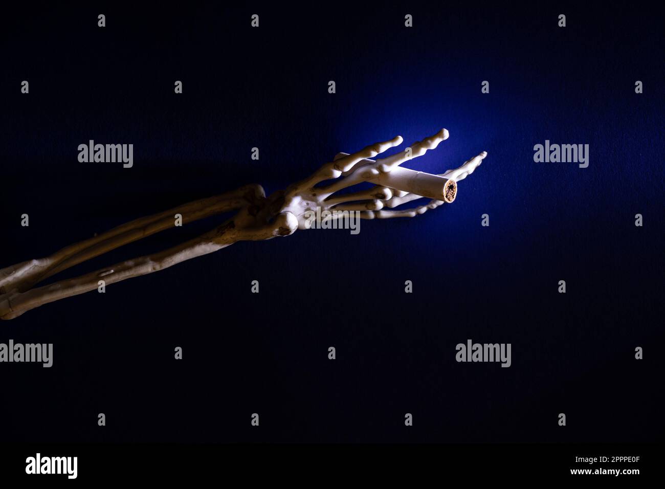 Skeleton hand with a cigarette on a blue background in the dark ...
