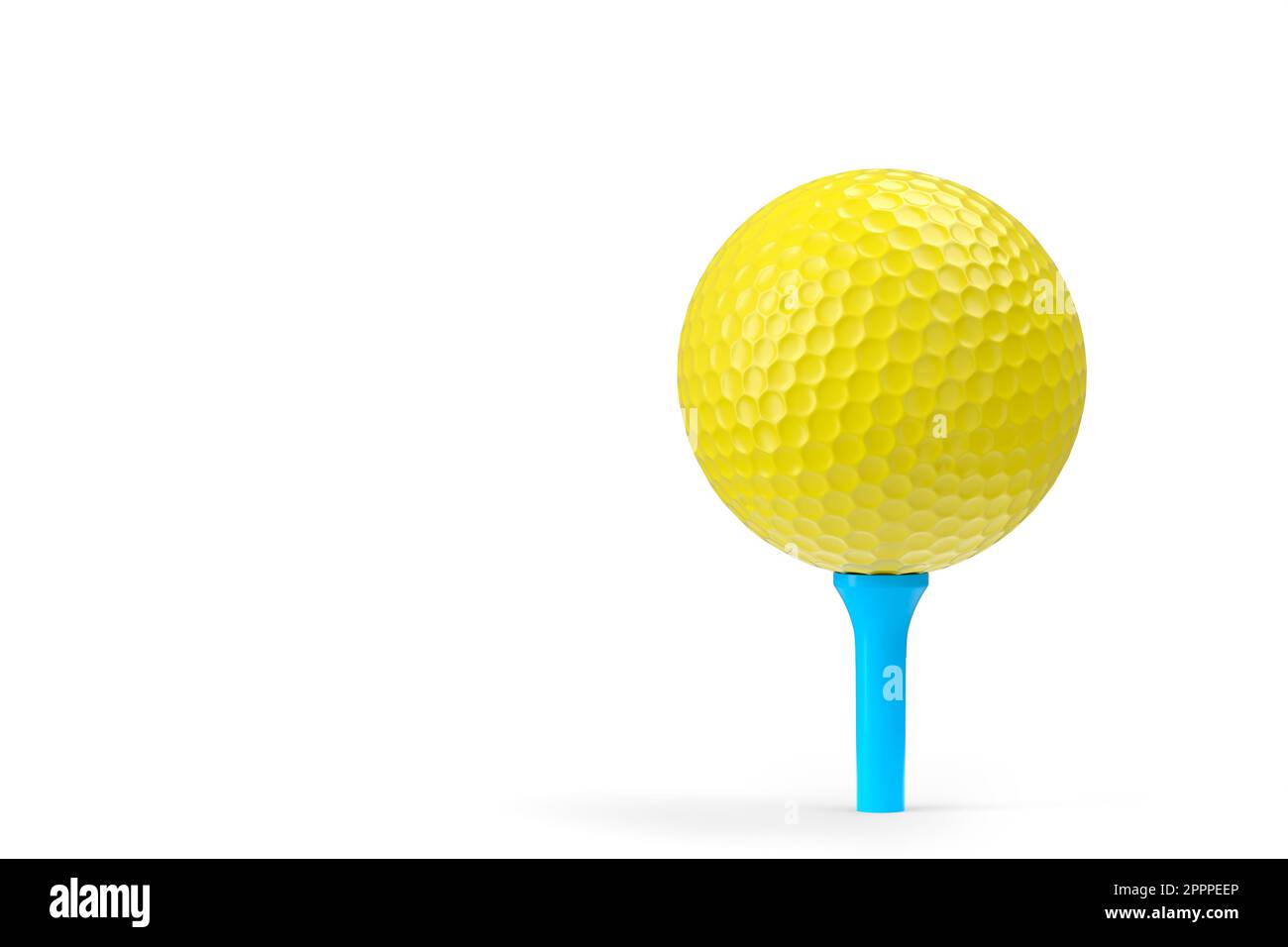 Yellow golf ball on tee isolated on white background. 3d rendering of ...