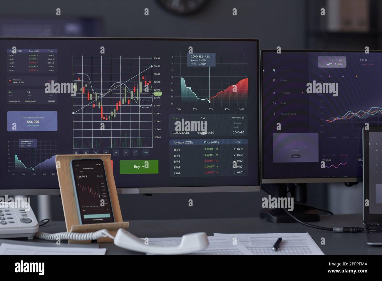 Close-up of financial graphs n monitors of computers to analyze stock ...