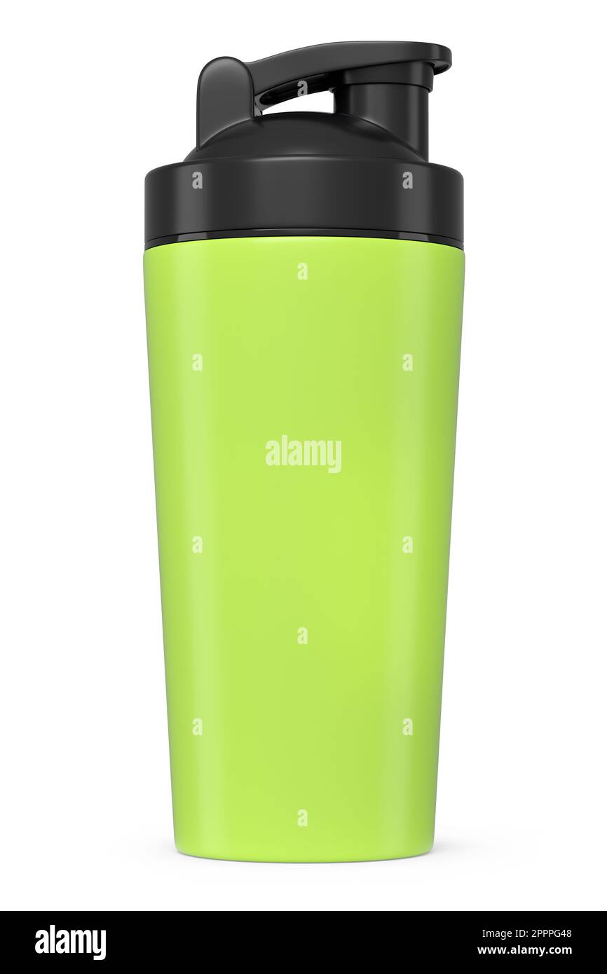 Green plastic sport shaker for protein drink isolated on white ...