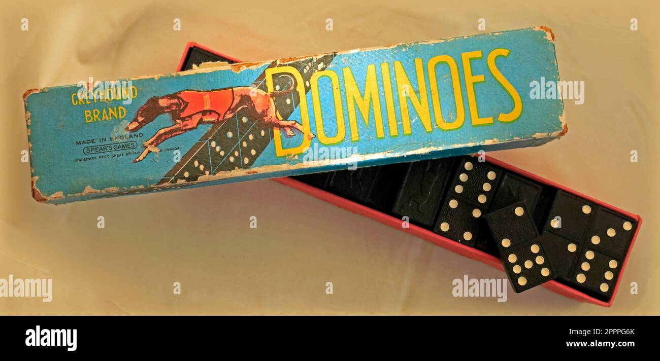 Studio set up - vintage box of Greyhound Brand Dominoes game showing ...