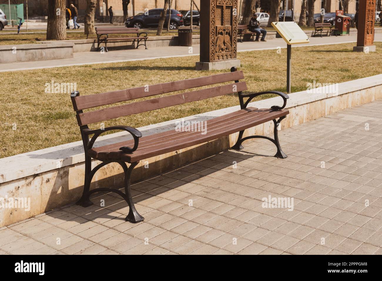 New modern bench in park. Outdoor city architecture, wooden outdoor ...