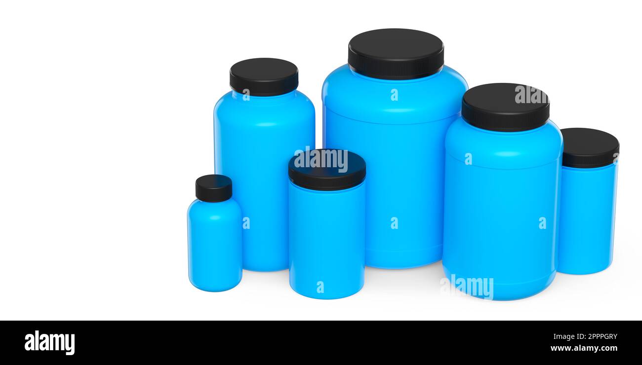 Set of blue plastic jar for sport nutrition whey protein and gainer ...