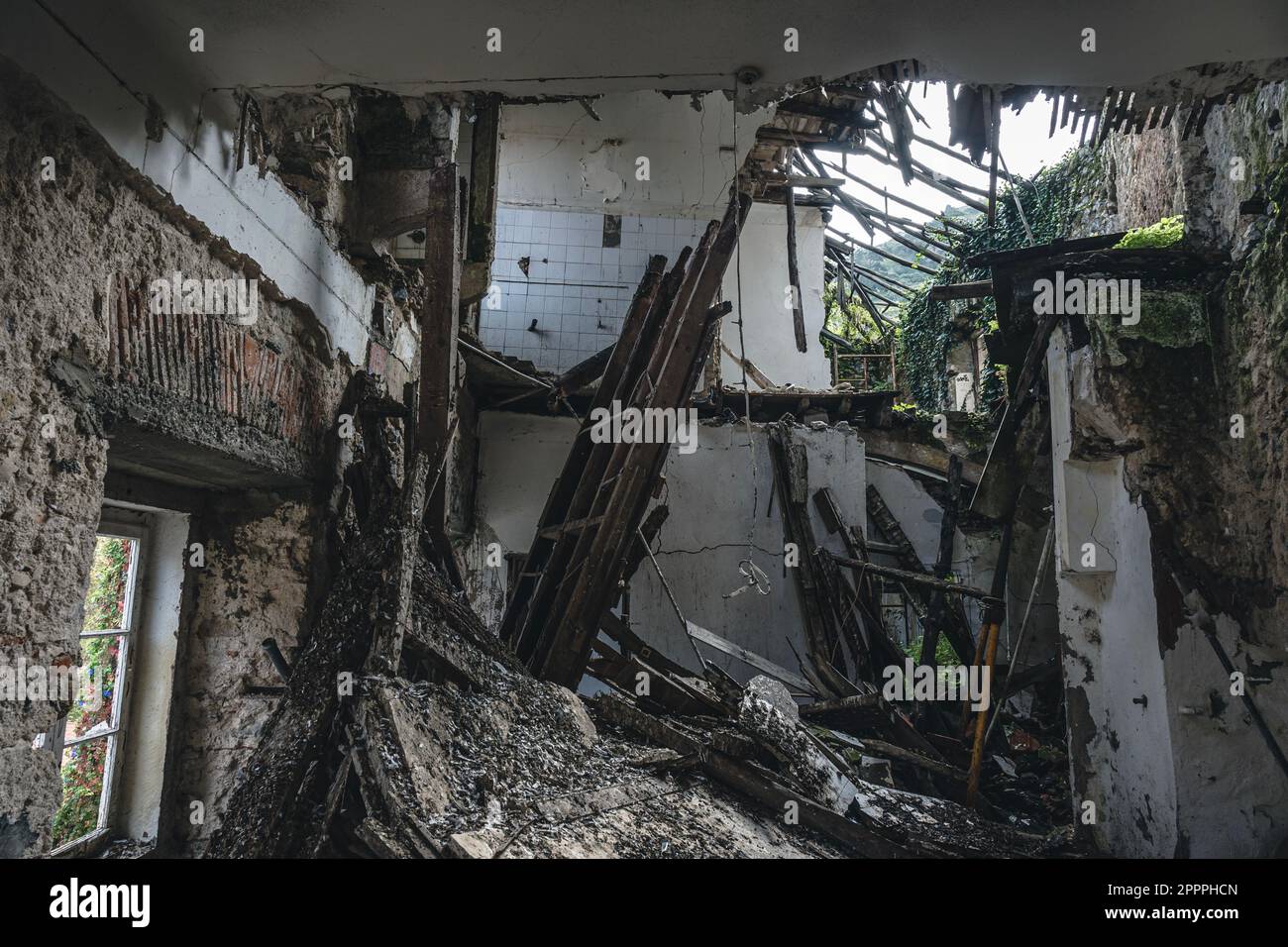 Ruins and debris of destroyed house by human or natural disaster ...