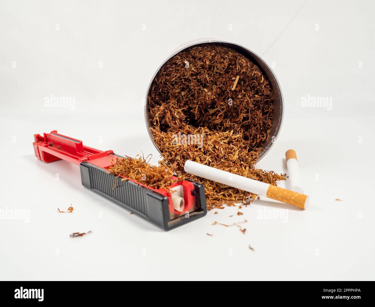 Tobacco and filling machine. Cigarettes and tobacco. Tobacco close-up ...