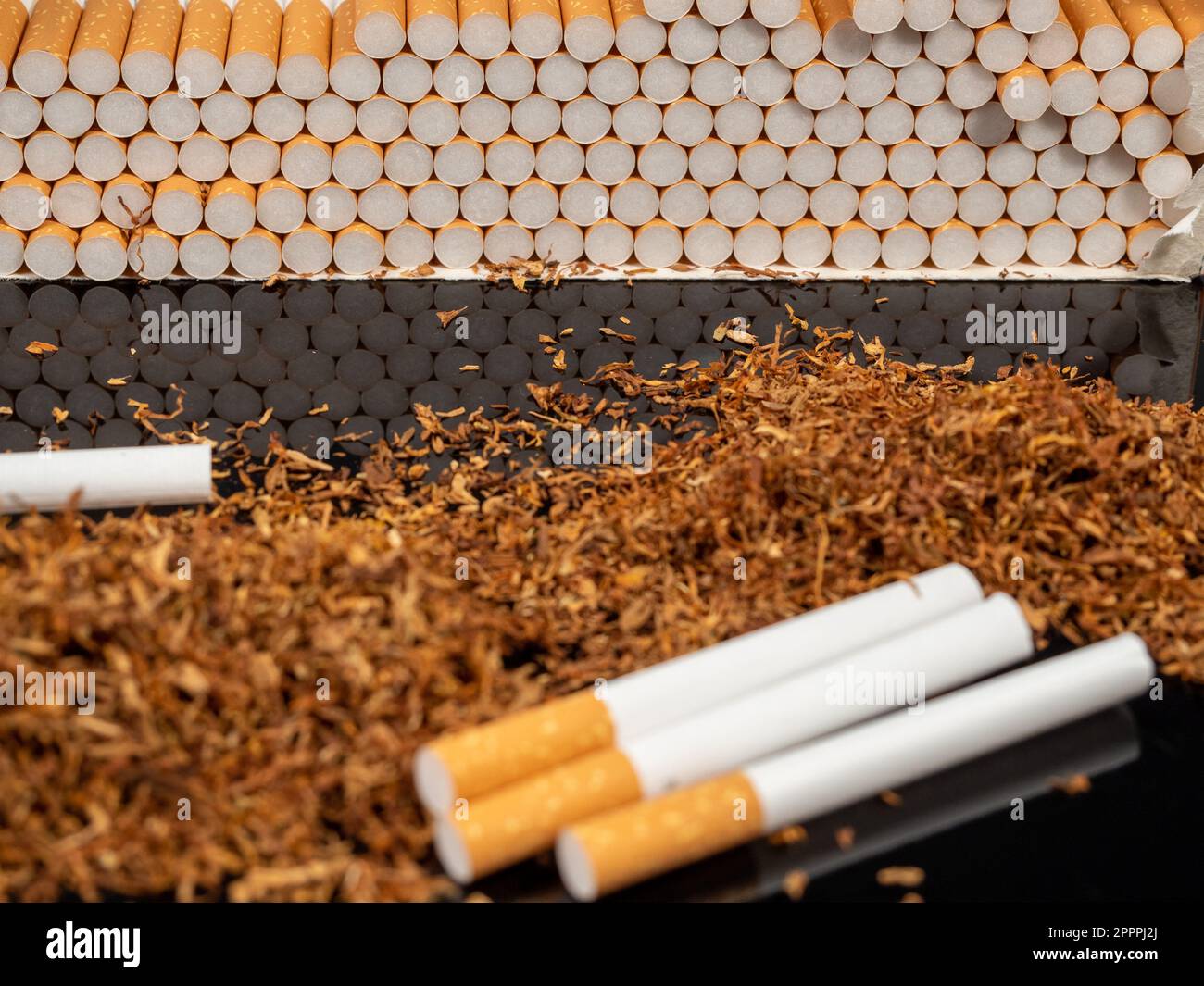 Tobacco and cigarette cases. Cigarettes and tobacco. Tobacco close-up ...