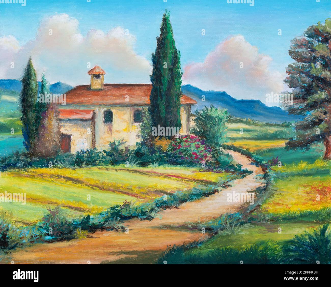 Imaginary rural landscape during summer. Original oil pastels painting ... Imaginary rural landscape during summer. Original oil pastels painting ...