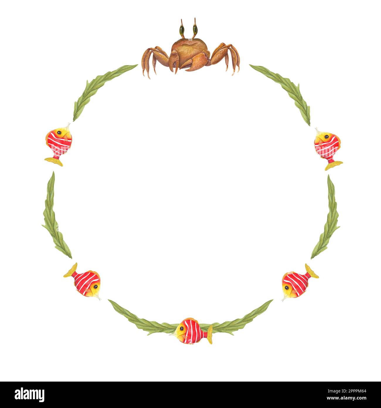 Watercolor frame with cute cartoon fishes and crab solated on white ...