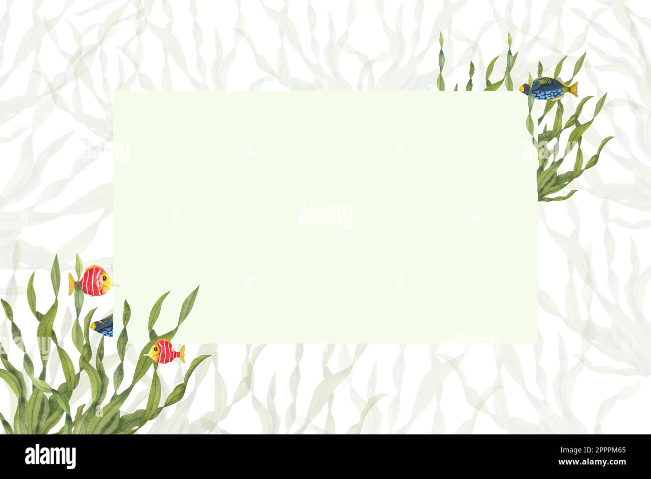Watercolor frame in marine style isolated on white background. Fish ...