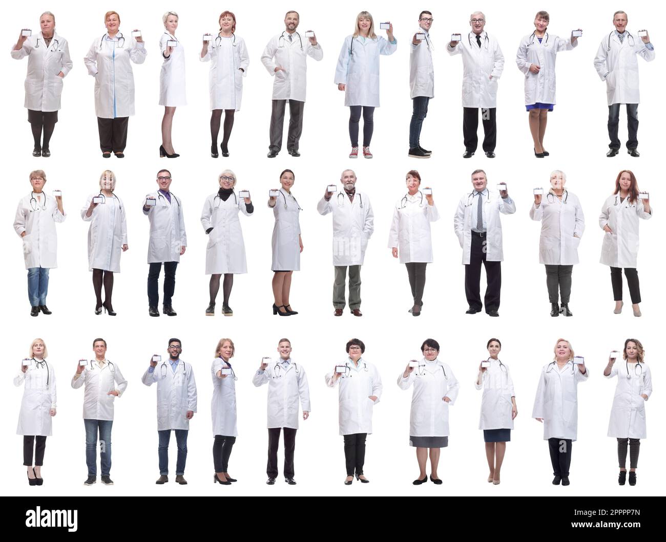 full length group of doctors showing badge isolated Stock Photo - Alamy