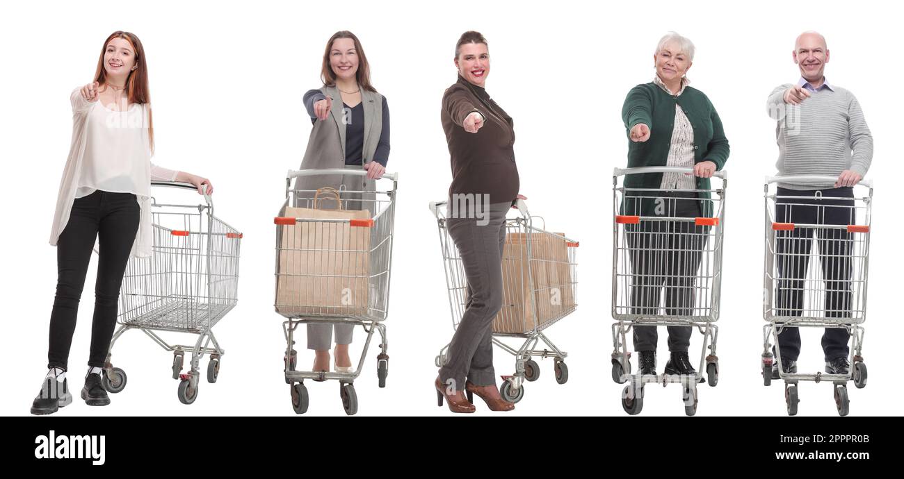 group of people with shopping cart showing thumbs up Stock Photo - Alamy
