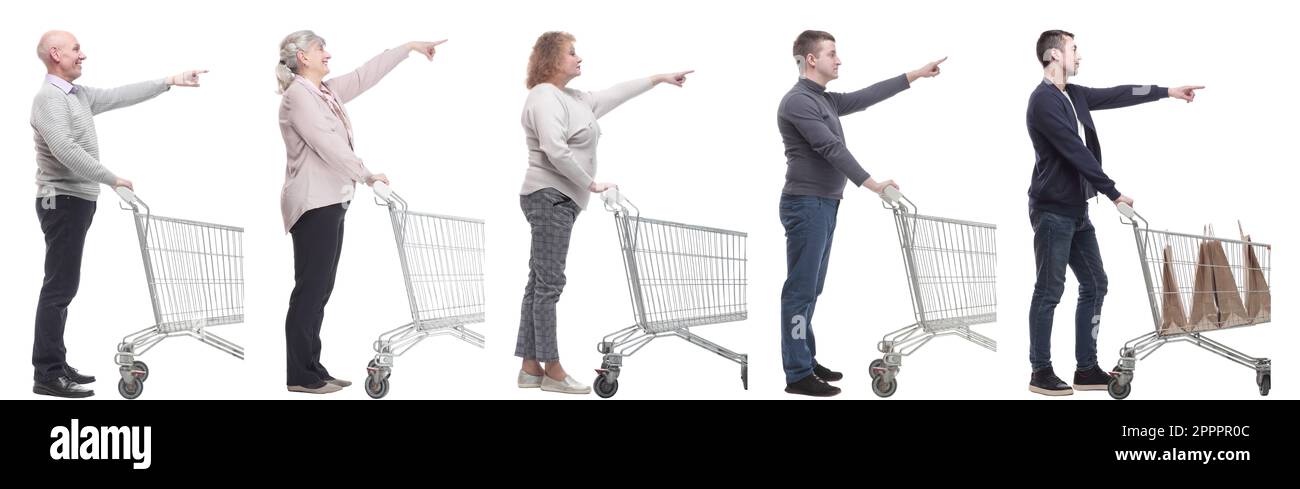 a group of people with a shopping cart point their fingers in front of ...