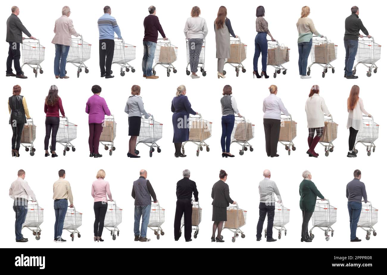 a group of people with a cart stand with their backs isolated Stock ...