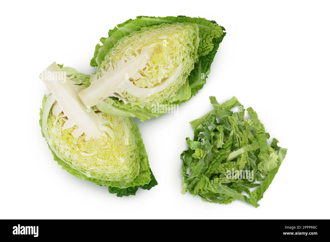 Savoy cabbage slices isolated on white background with full depth of field. Top view. Flat lay ...