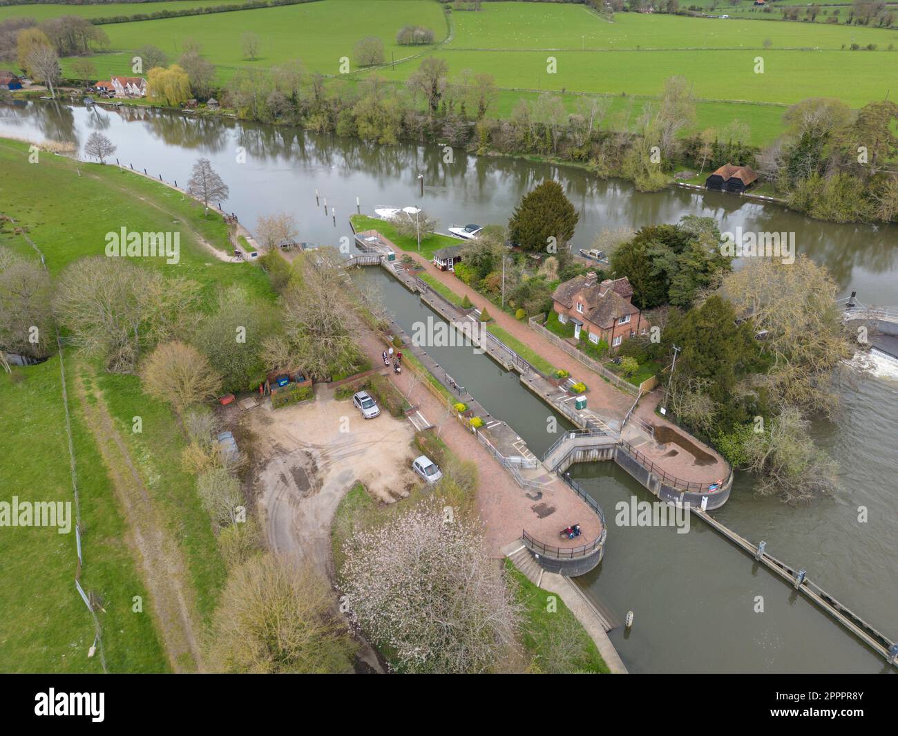 Aerial view of the weir at Hambleden Lock on the River Thames ...