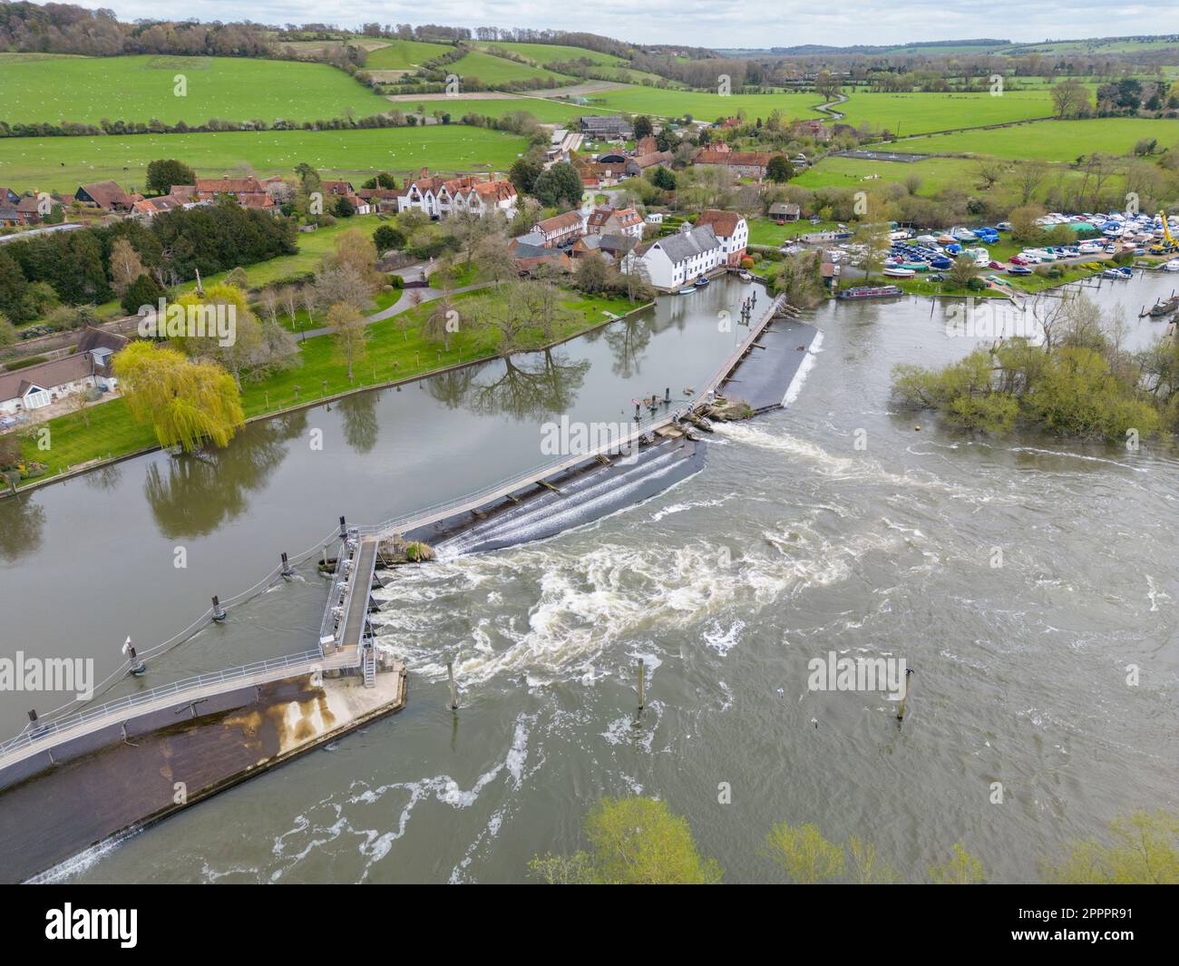 Aerial view of the weir at Hambleden Lock on the River Thames ...