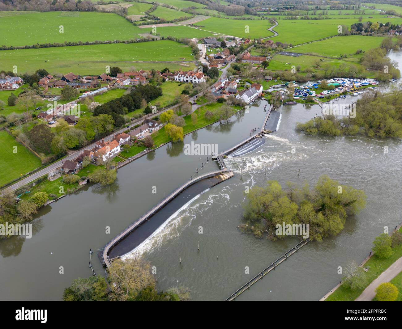 Aerial view of the weir at Hambleden Lock on the River Thames ...