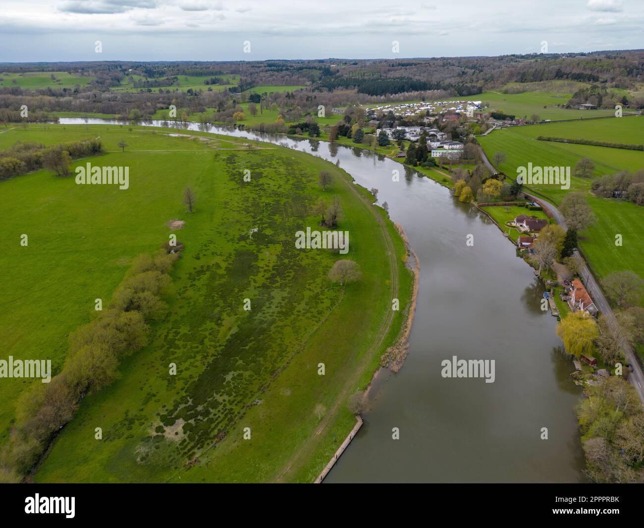Aerial view of the River Thames near Hambleden Lock, Oxfordshire, UK ...