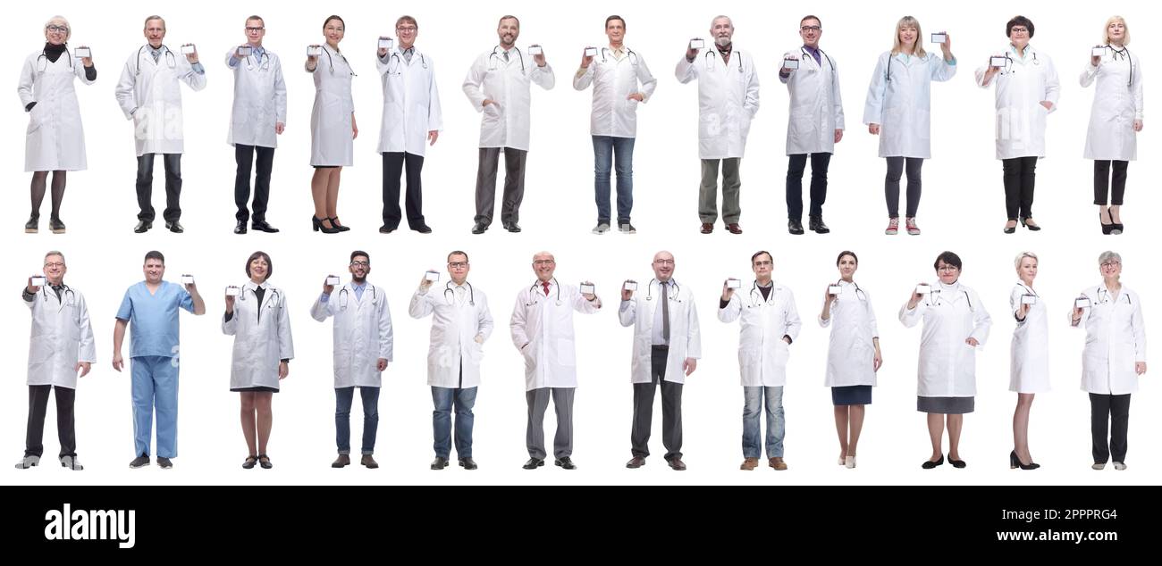 full length group of doctors showing badge isolated Stock Photo - Alamy