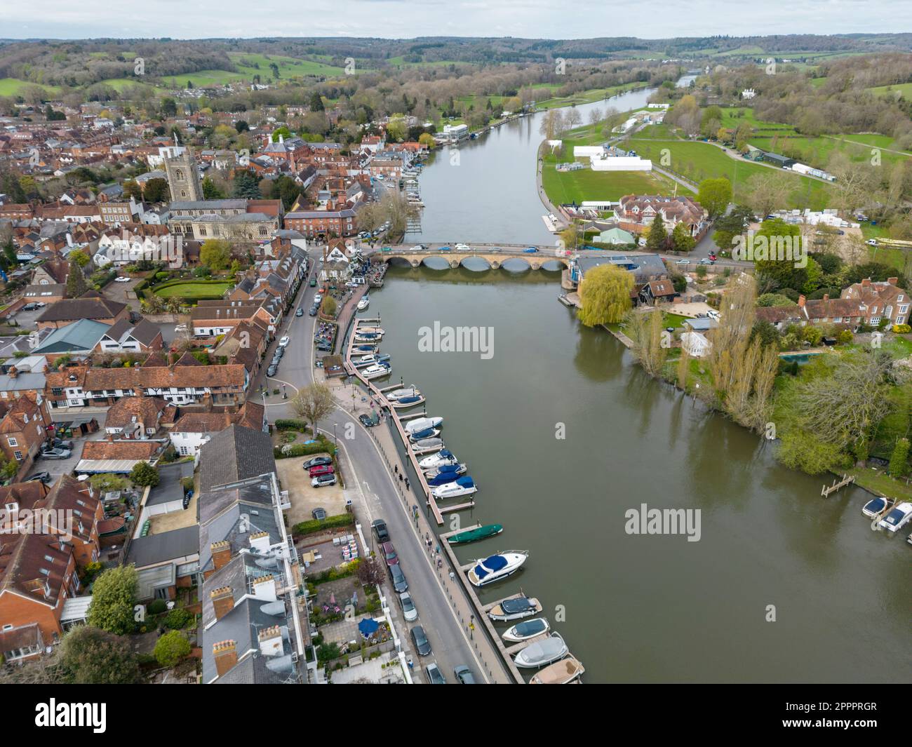 Aerial view of Henley on Thames, on the River Thames, Oxfordshire, UK ...