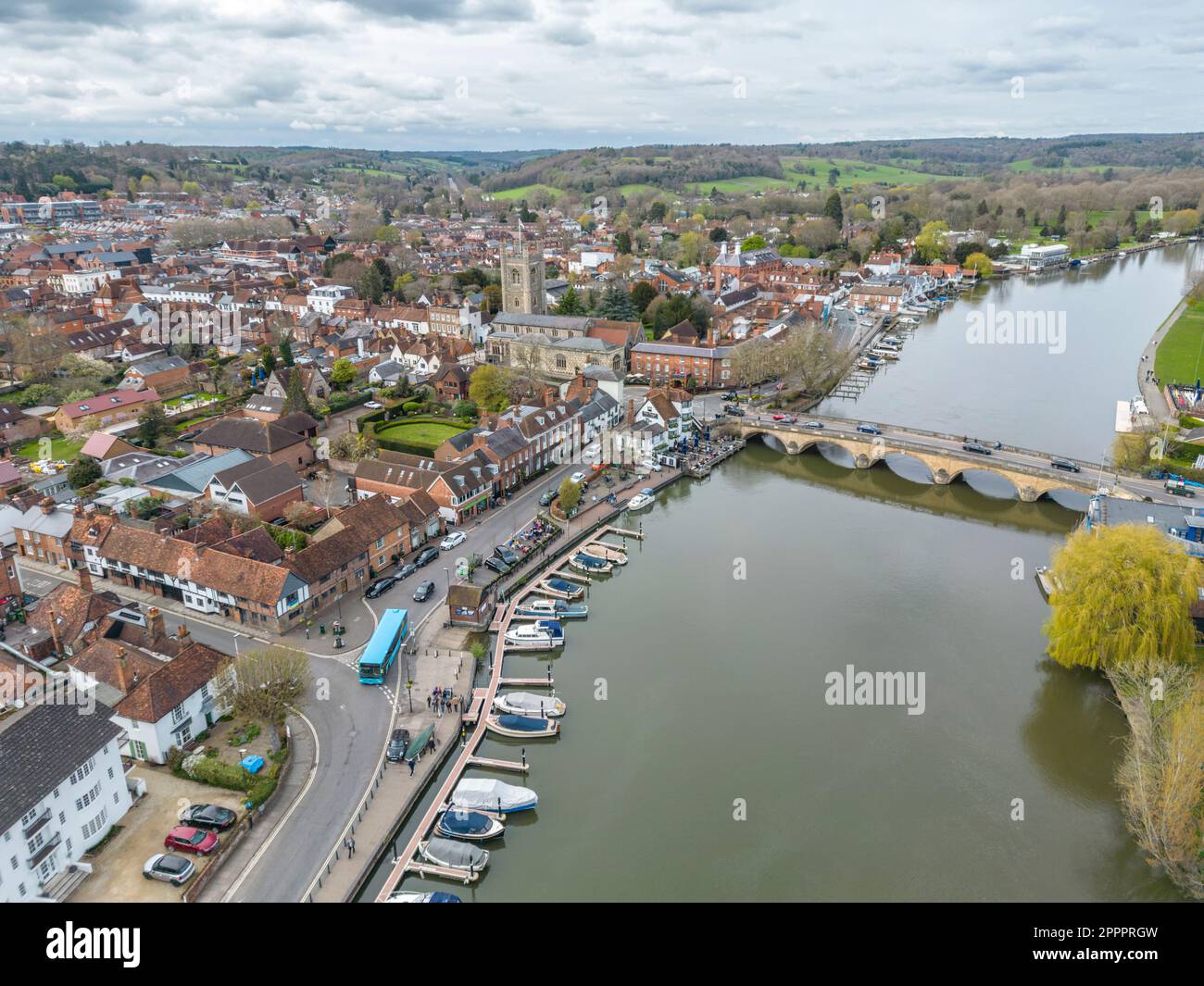 Aerial view of Henley on Thames, on the River Thames, Oxfordshire, UK ...