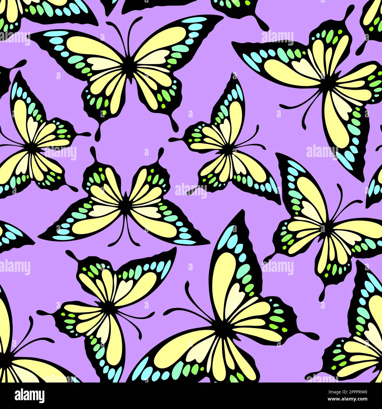 seamless pattern of bright colored butterflies on a purple background ...