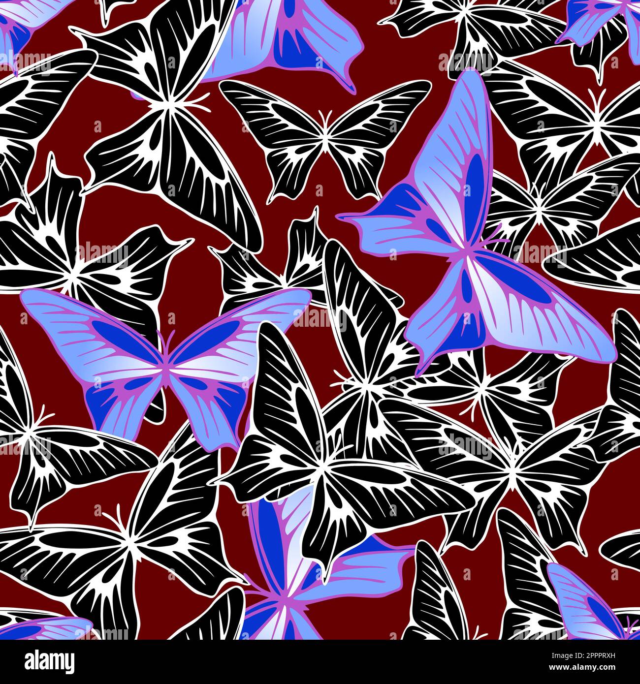 seamless pattern of blue-black butterflies on a burgundy background ...
