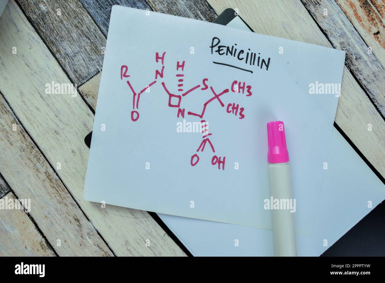 Concept of chemical molecular formule hormone Penicillin write on ...