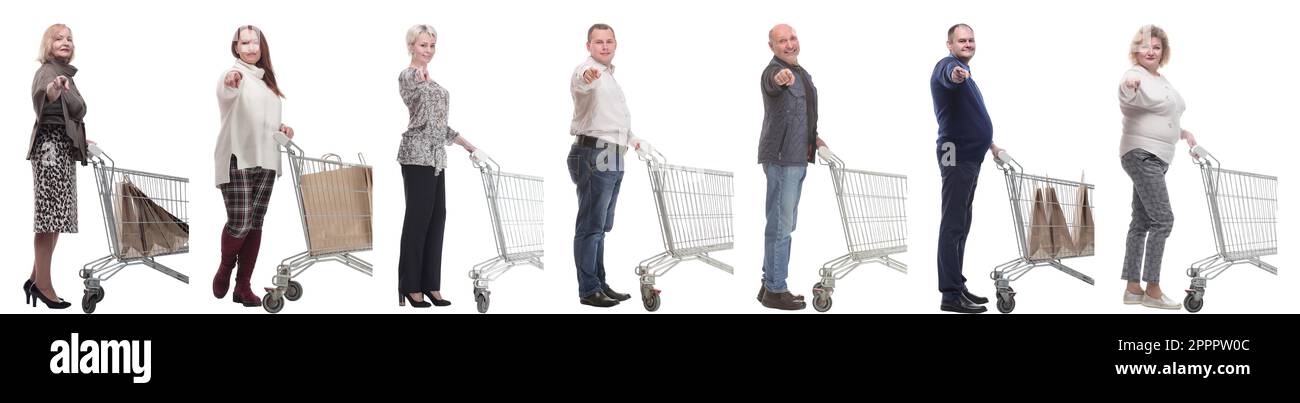 a group of people with a shopping cart point their finger at the camera ...