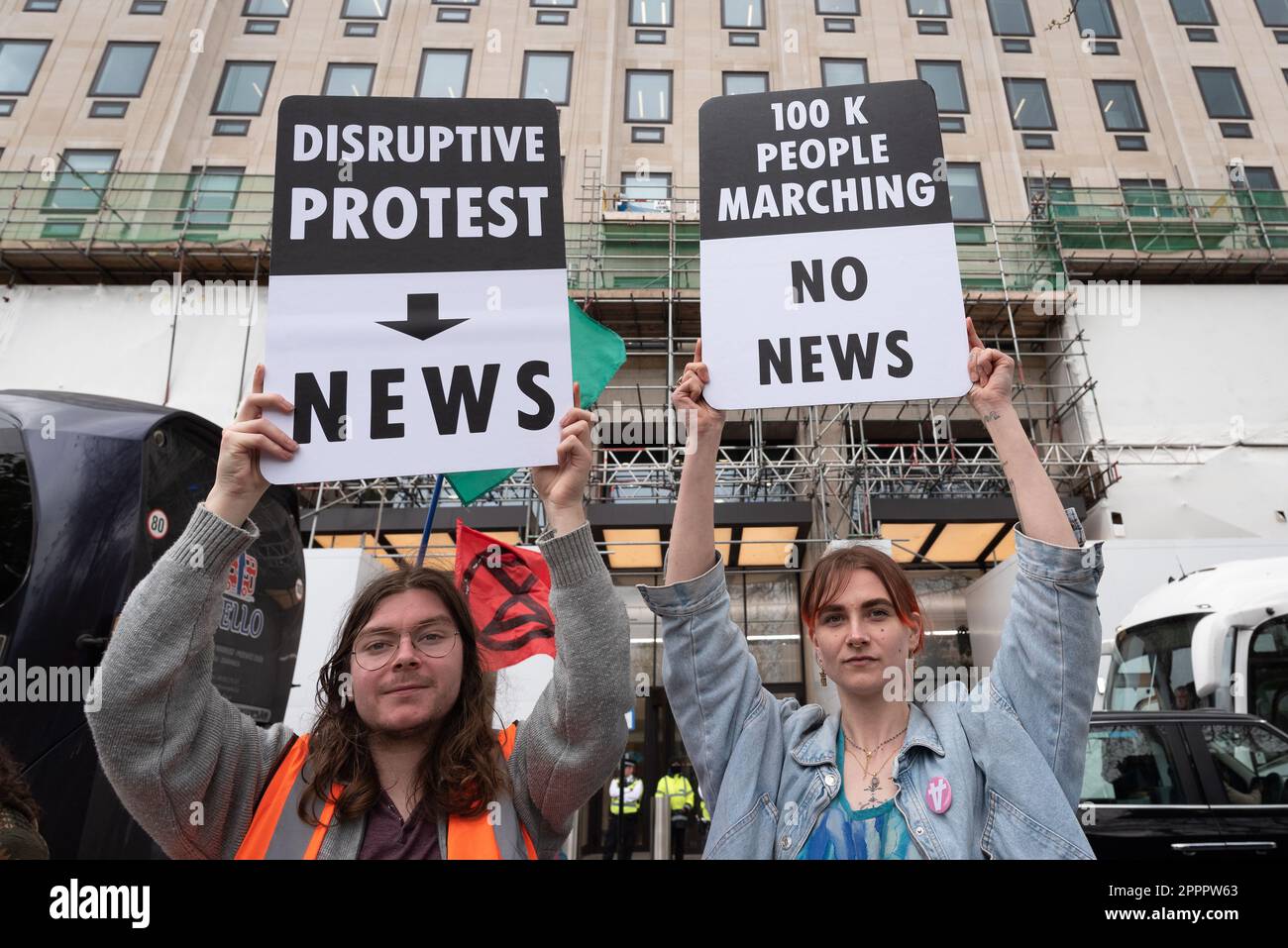 London, UK. 24 April, 2023. Just Stop Oil activists, including Louis ...