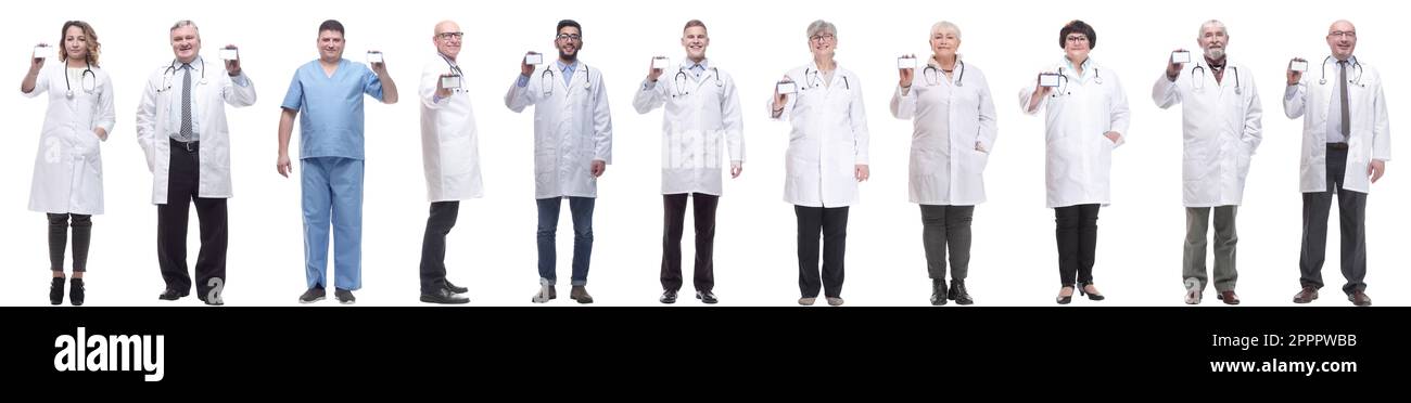 full length group of doctors showing badge isolated Stock Photo - Alamy