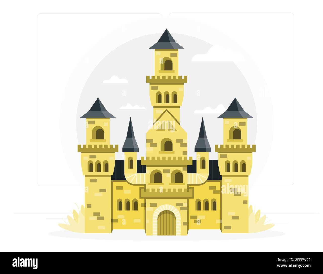 Yellow castle with black roof, high towers and grating on windows Stock ...