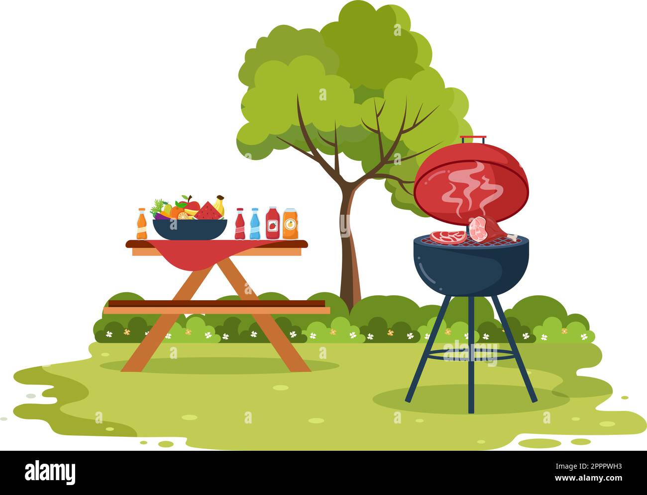 BBQ or Barbecue with Steaks on Grill, Toaster, Plates, Sausage, Chicken ...