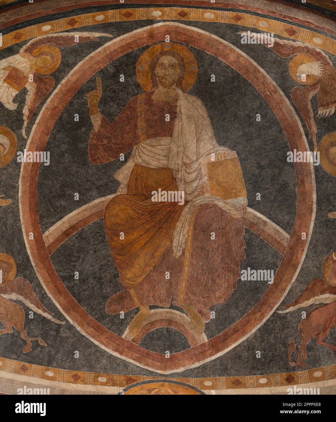 Romanesque mural of Christ within a mandorla, sitting on the rainbow ...