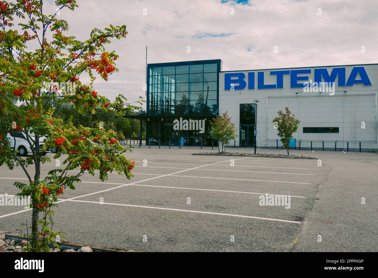 Helsinki, Finland - August 22, 2022: BILTEMA store. Blue sign above ...