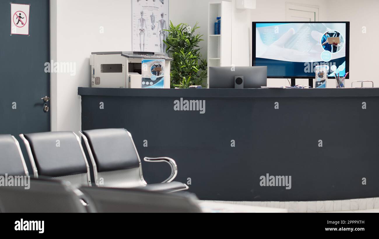 Hospital waiting room in medical center, empty reception open space ...