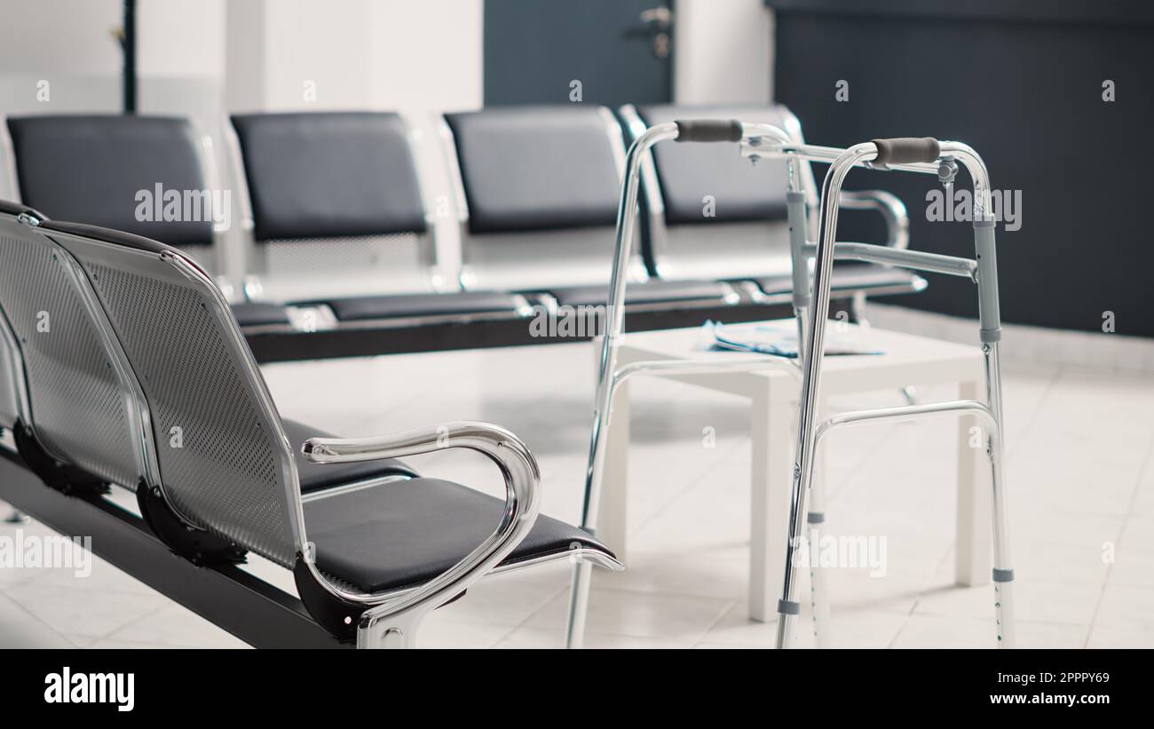 Walking frame in empty hospital lobby used for emergency checkup and ...