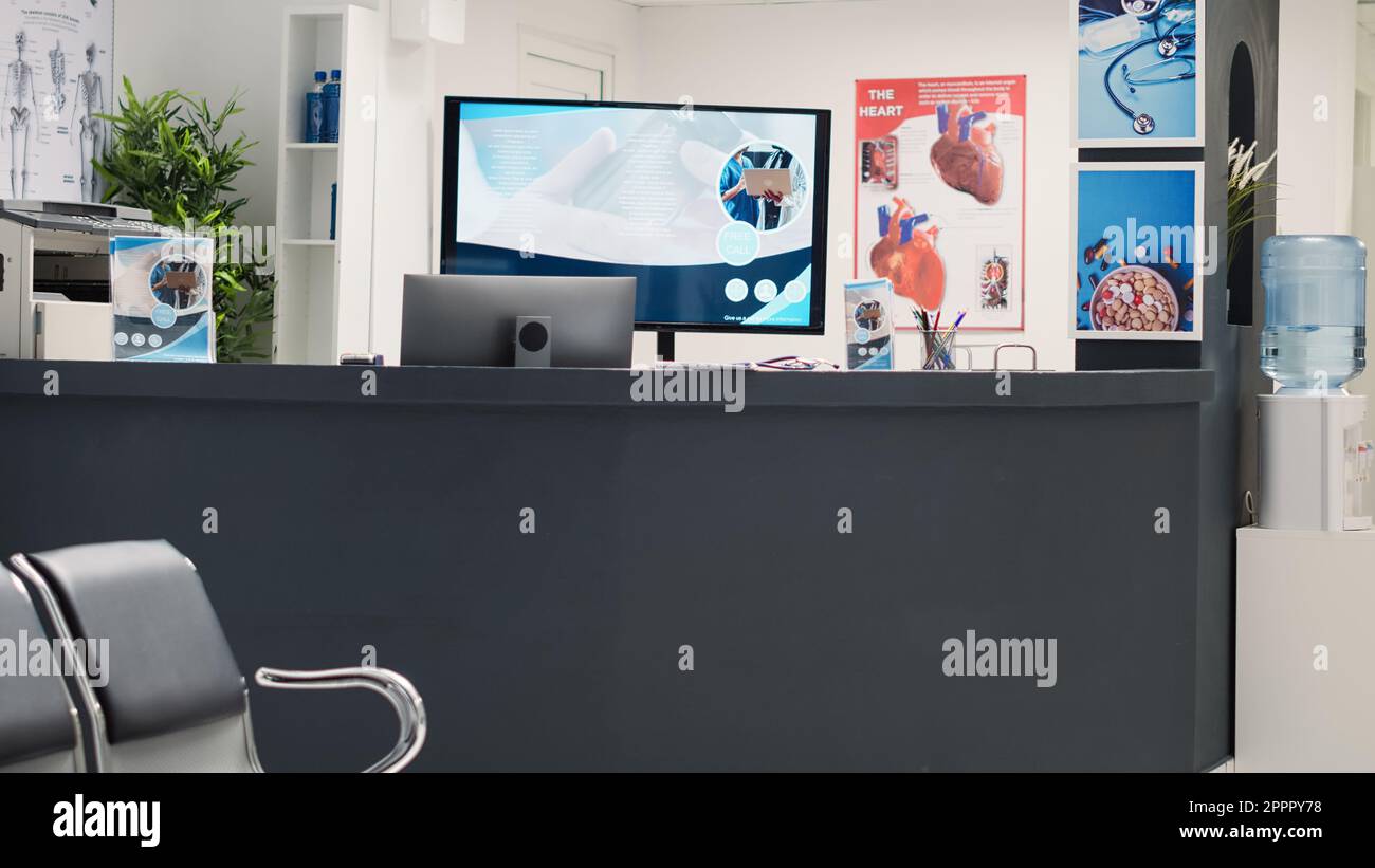 Empty reception counter at health clinic, hospital waiting area for ...
