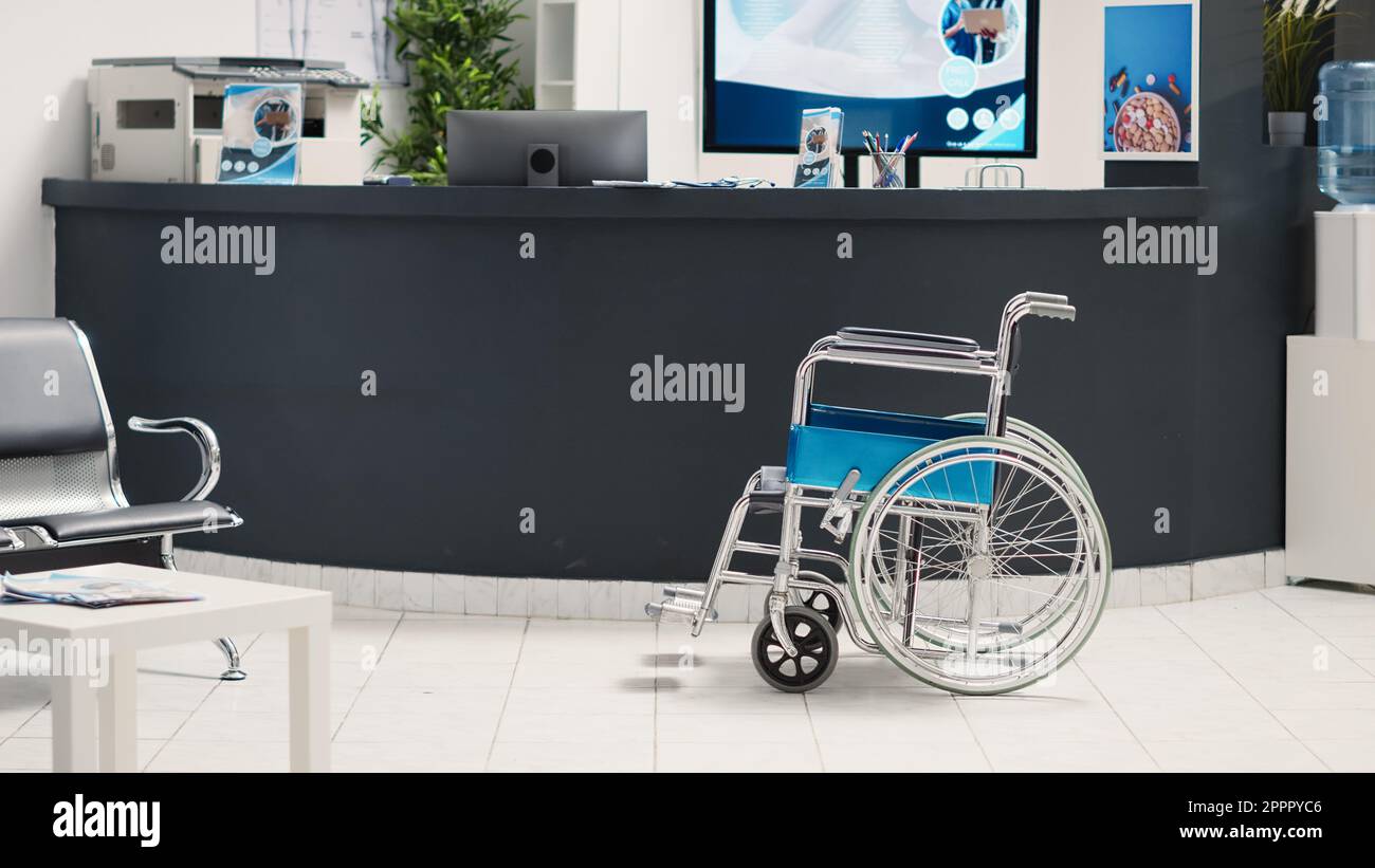 Empty disability friendly medical clinic with wheelchair in lobby ...