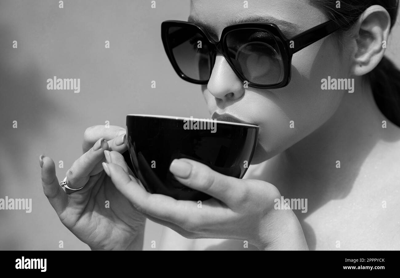 Girl drinking morning coffee. Americano cappuccino latte espresso Stock ...