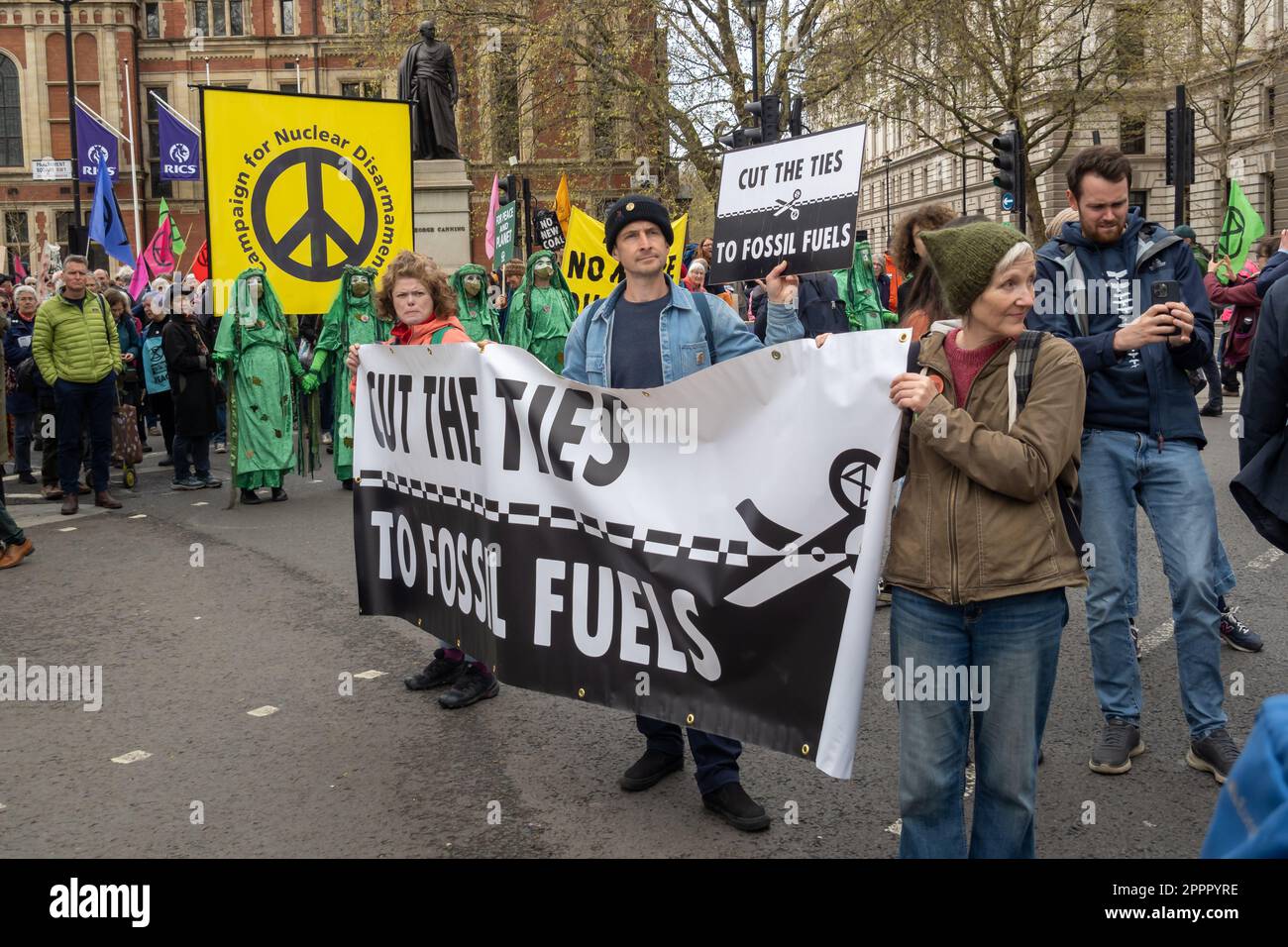 London, UK. 24 April 2023. Cut the Ties to Fossil Fuels - Picket march ...