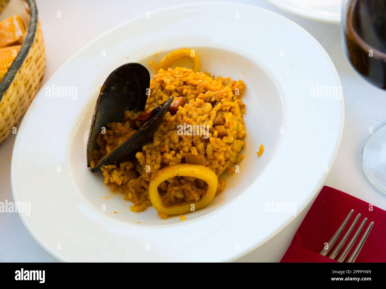 Tasty seafood dish - Paella a la marinera Stock Photo - Alamy