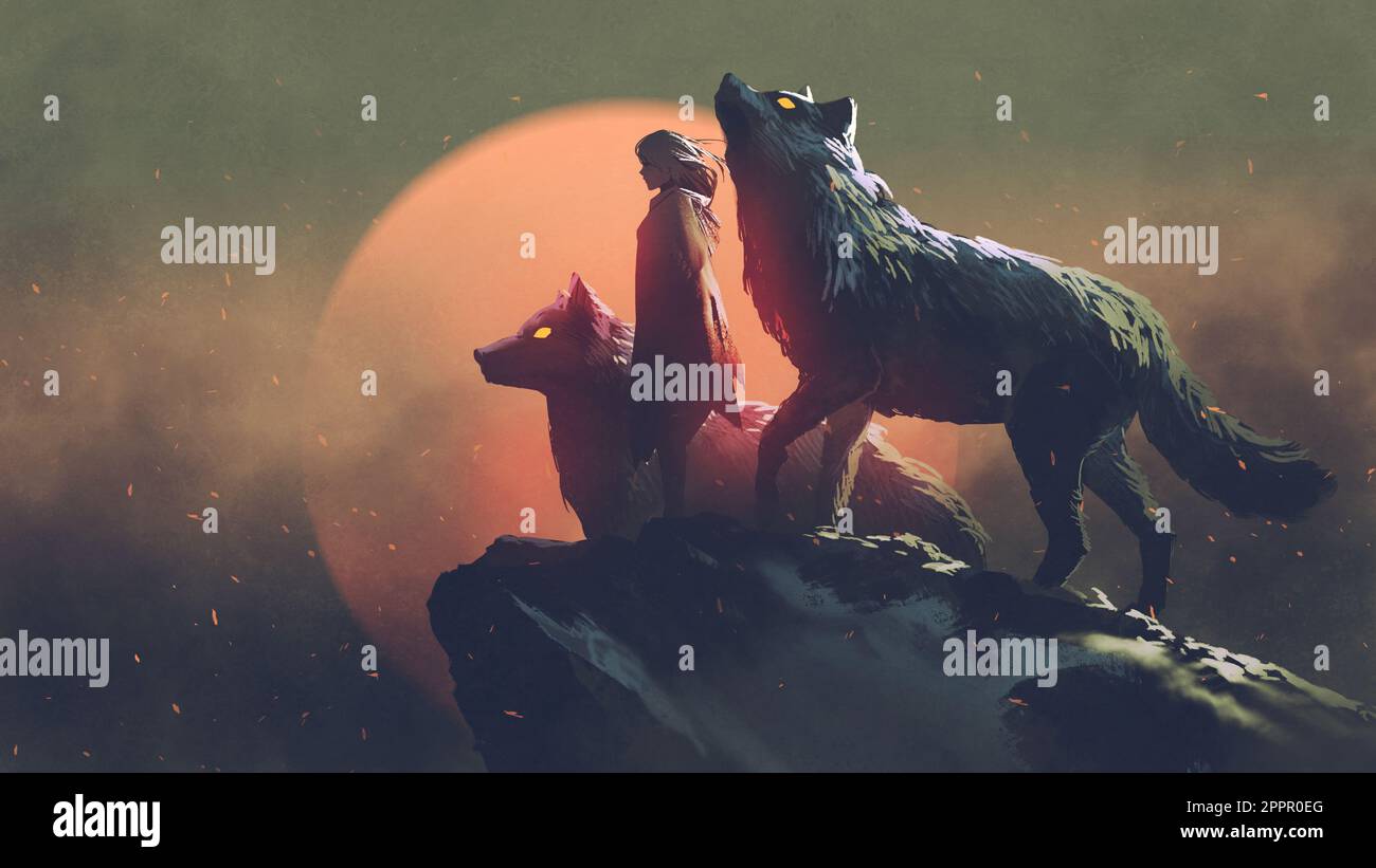 The woman in the cloak standing with her two wolves, digital art style ...
