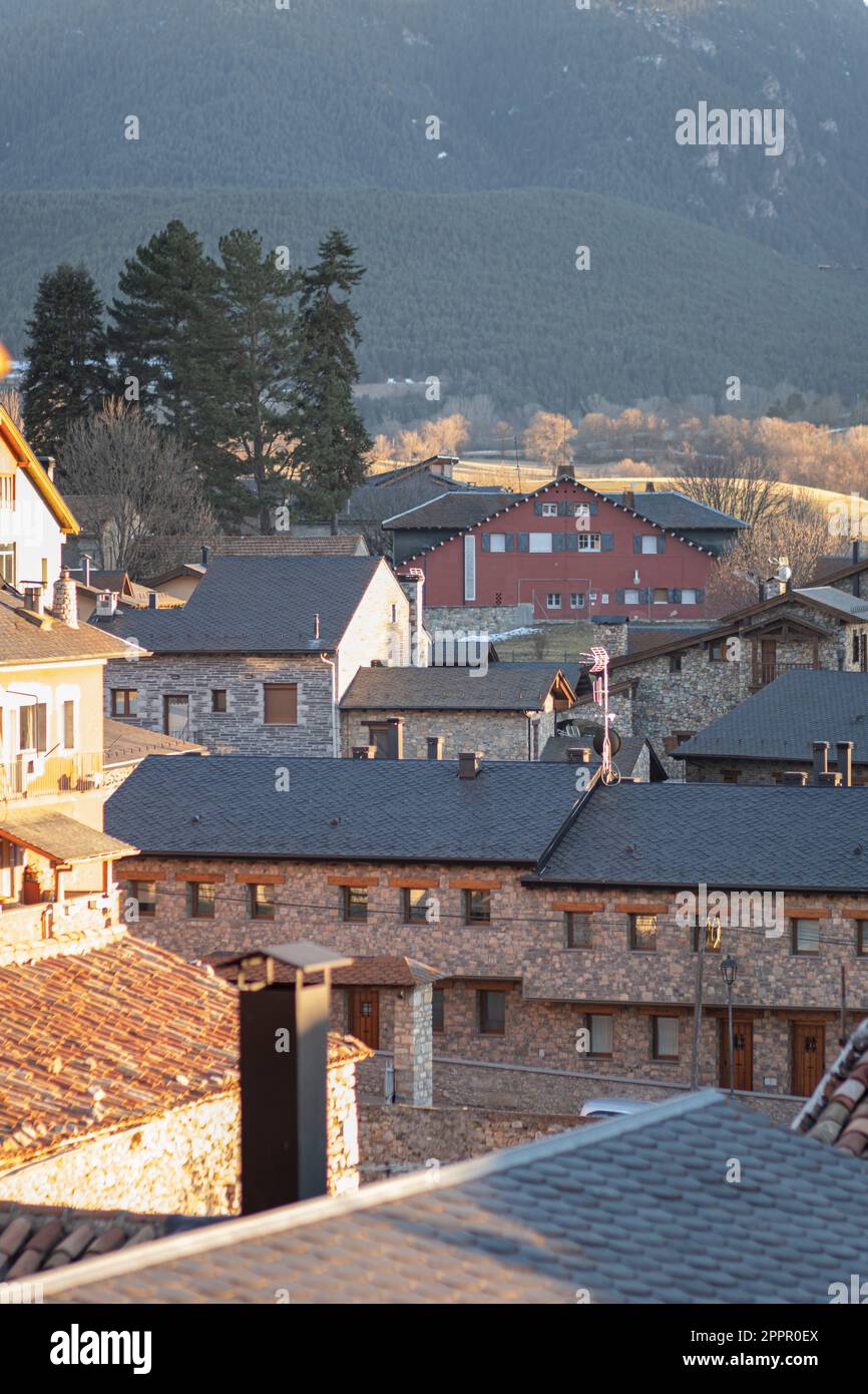 Alpine townscape with black ceilings in a Pyrenees village skyline ...