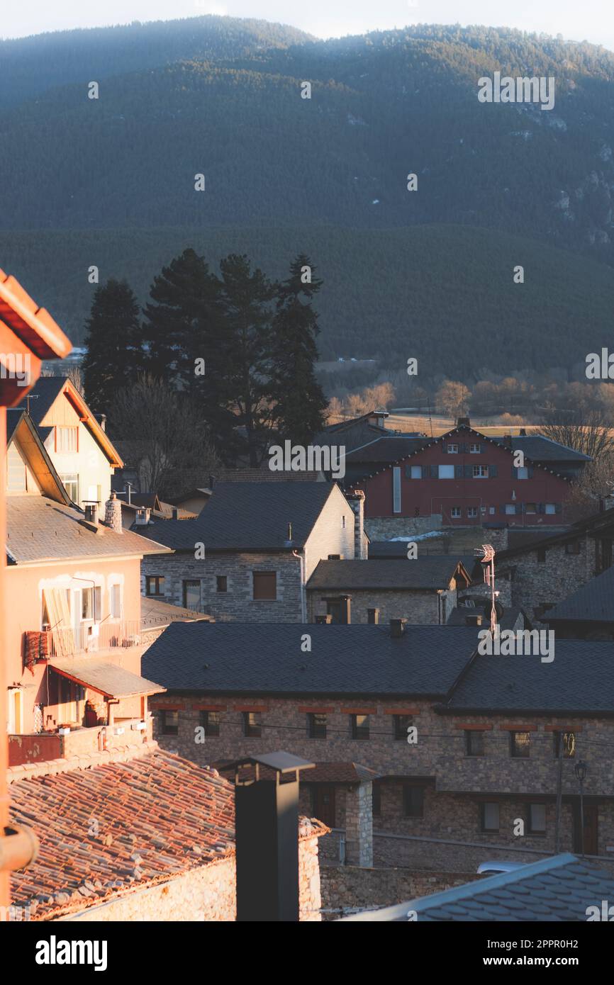 Alpine townscape with black ceilings in a Pyrenees village skyline ...