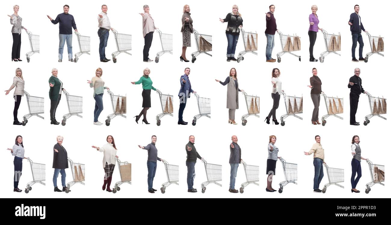 group of people with shopping cart on white Stock Photo - Alamy